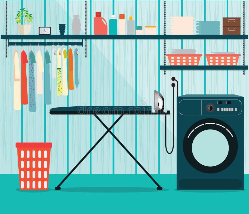 Laundry Room with Washing Machine and Ironing Board. Stock Vector ...