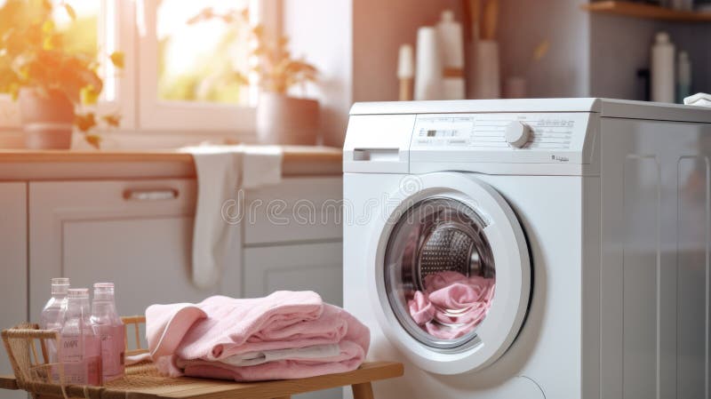 Laundry Room, Washing Machine with Pink Towels Stock Image - Image of ...