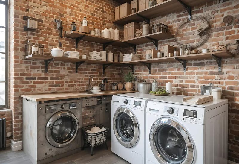 Laundry Room with Washing Machines and Brick Wall Interior Stock Photo ...