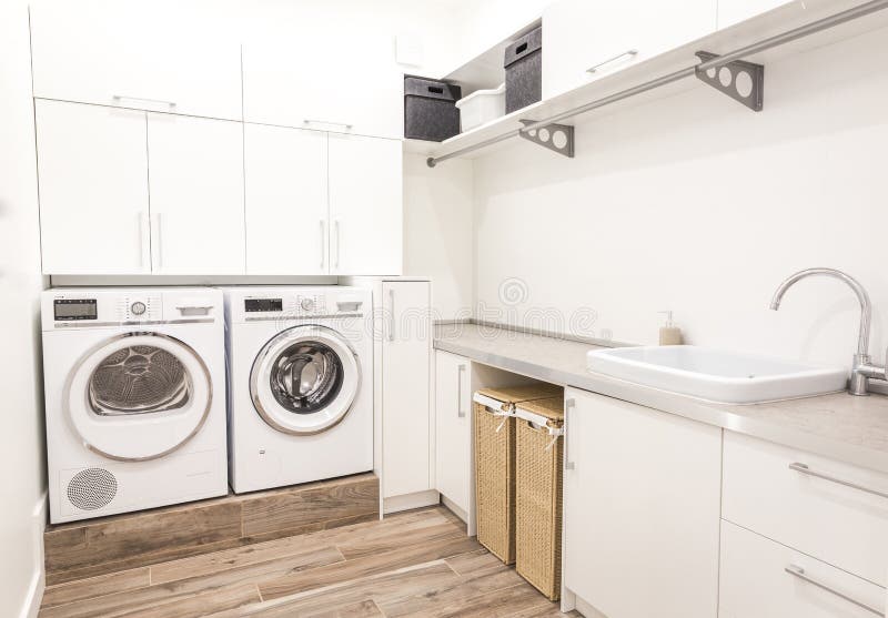 Laundry Room in Modern Style with Wasing and Drying Machine Stock Photo ...