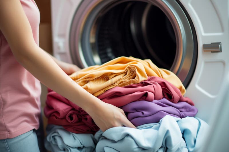 Laundry Routine Womens Hands Load Clothes into the Washing Machine ...