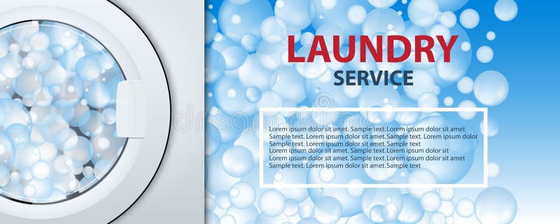 Laundry Service Banner or Poster. Washing Machine Background with Soap ...