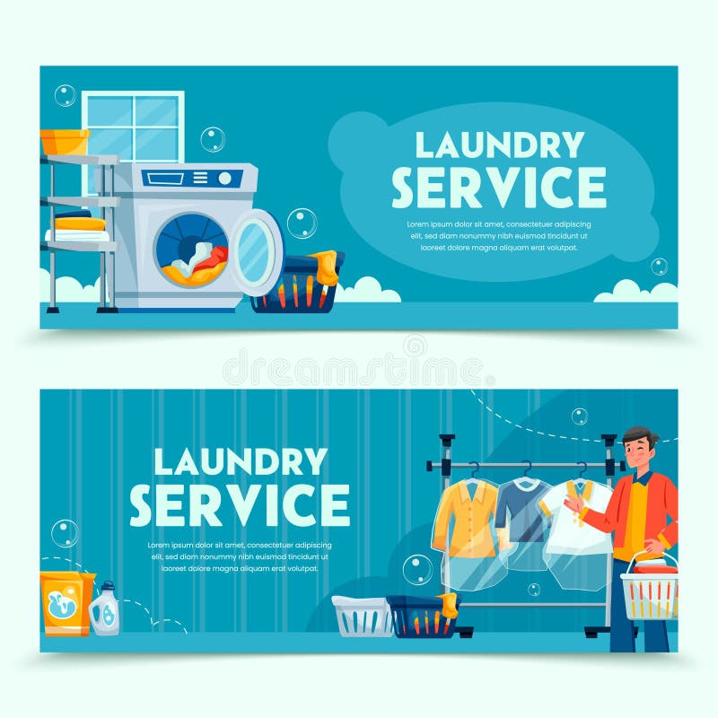 Laundry Service Horizontal Banners in Flat Design Stock Illustration ...