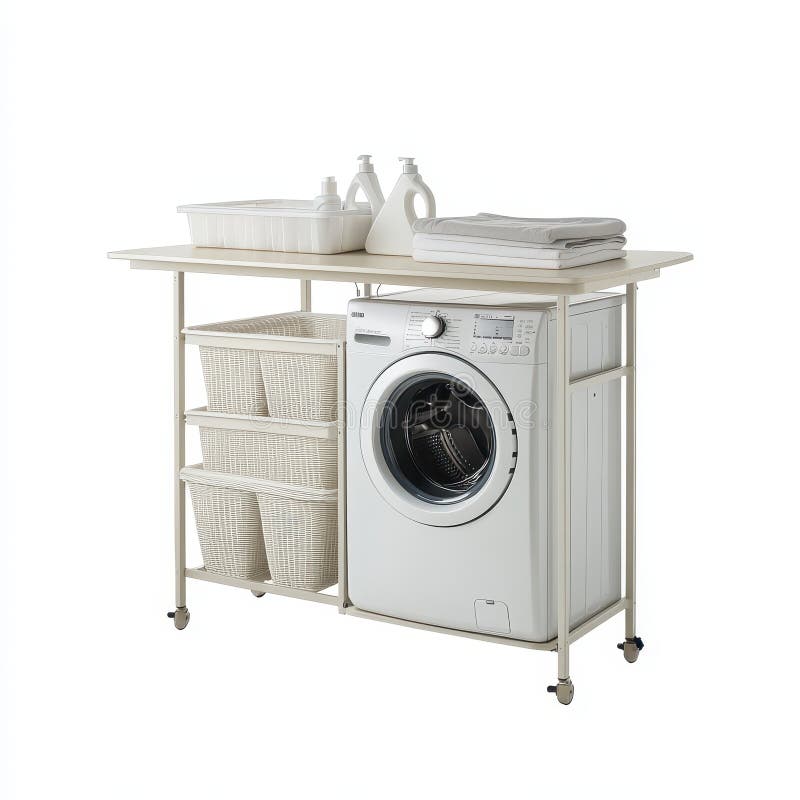 A Laundry Setup Featuring a Washing Machine, Baskets, and Cleaning ...