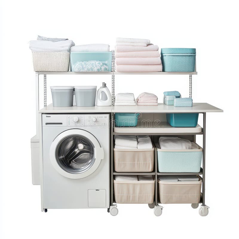 A Laundry Setup Featuring a Washing Machine, Shelves, and Storage ...