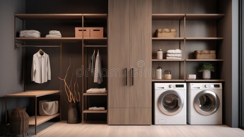 Laundry Space with Open Shelving. Stock Illustration - Illustration of ...
