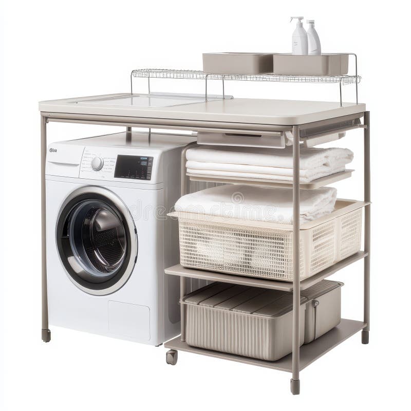 A Laundry Station Featuring a Washing Machine, Shelves, and Storage ...