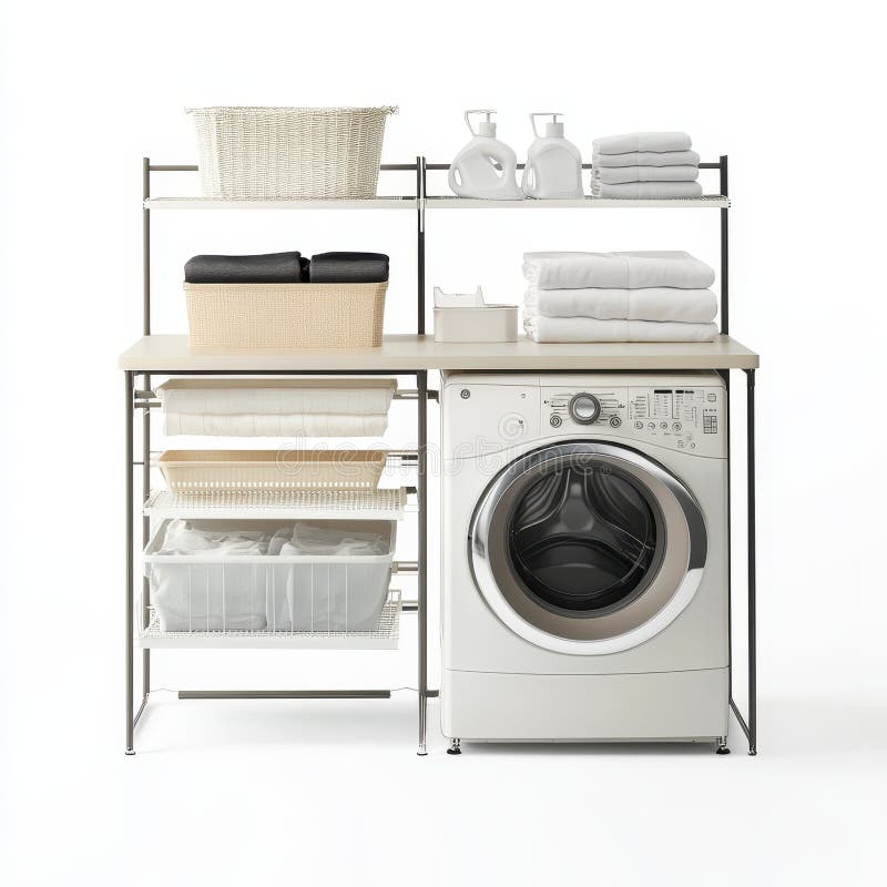 A Laundry Station Featuring a Washing Machine, Shelves, and Storage ...