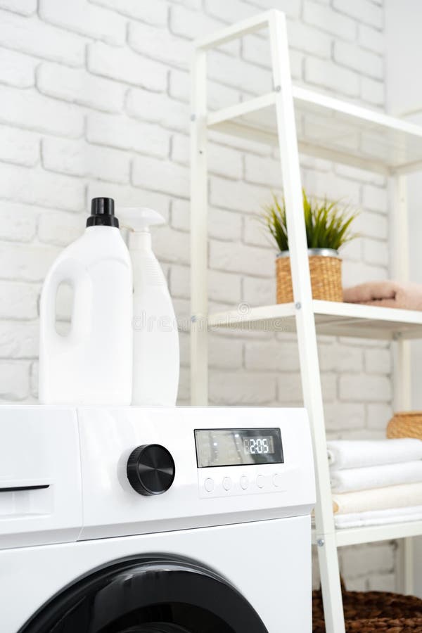 Laundry Washing Detergents Containers on Washing Machine Stock Photo ...