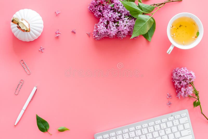 Lauout of Computer and Lilas Flowers on Bright Working Space. Top View ...