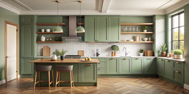 Laurel Green Kitchen with Oversized Square Blank Frames and Modern ...