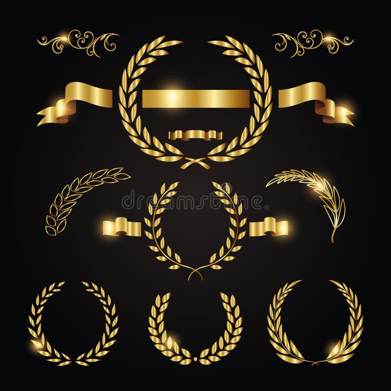 Laurels and Decorative Frame Banner Golden Design Set Stock Vector ...