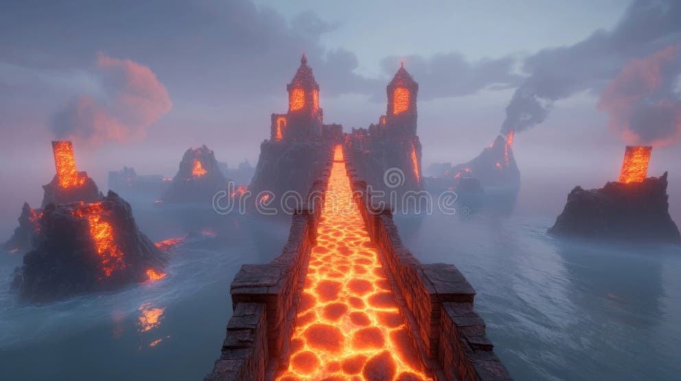 Lava Castle Bridge Over Volcanic Ocean Stock Illustration ...