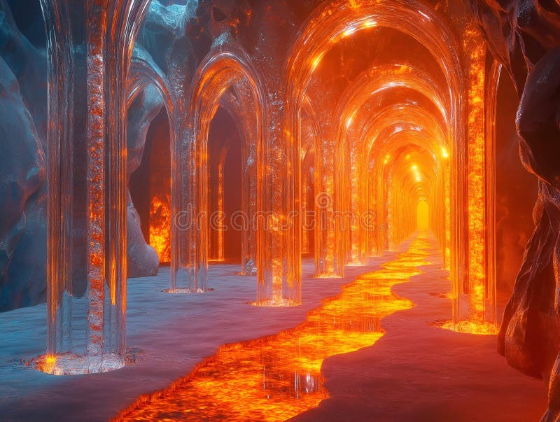Lava Cave, Arched Hallway, Fiery Path, Dramatic Lighting, Fantasy ...