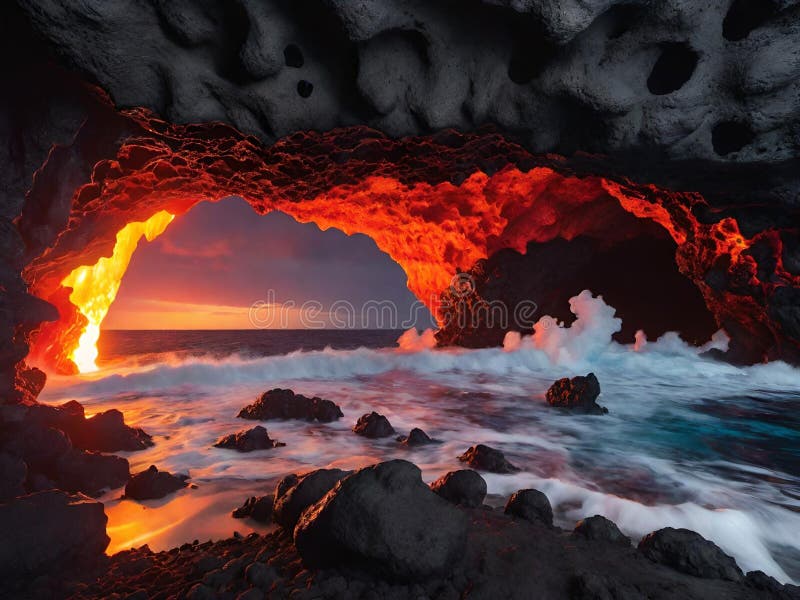 A Lava Cave with a Fire Inside Stock Illustration - Illustration of ...