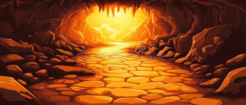 Lava Cave with Glowing Cracks and Rocky Pathway Leading To Bright Light ...