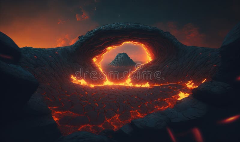A Lava Cave with a Mountain in the Distance and Lava Flowing Out of it ...