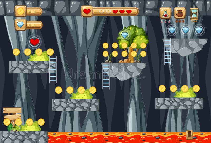 Lava Cave Platformer Game Template Stock Vector - Illustration of ...