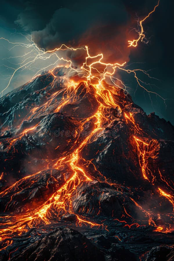 Lava-covered Mountain with Lightning Stock Image - Image of generated ...