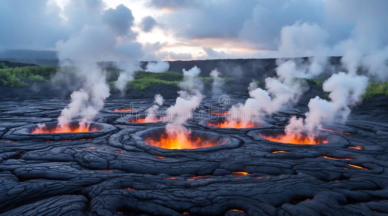 Lava Craters Release Steam and Glow Under Twilight Sky on Volcanic ...