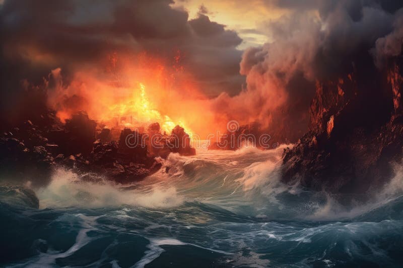 Lava Entering the Ocean, Creating Steam and Smoke Stock Image - Image ...