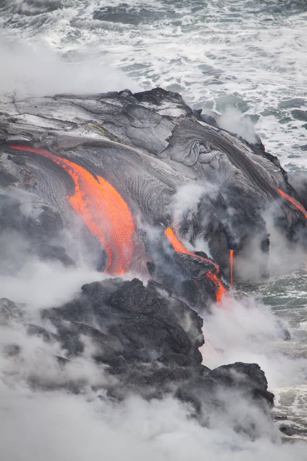 Kilauea Lava Flow Enters Ocean Stock Photo - Image of helicopter ...