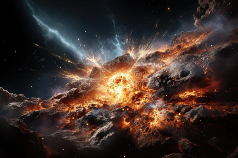 A Explosion in Space with Rocks and Clouds Stock Illustration ...