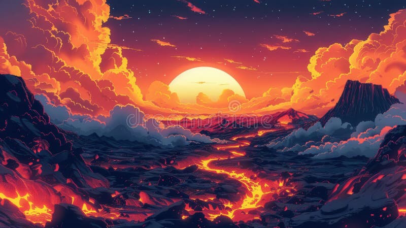 Lava Field Flat Design Side View Volcanic Theme Pixel Art 3D Render ...