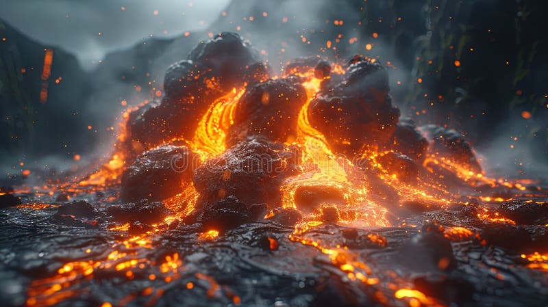 A Lava Field with a Large Volcano in the Middle Stock Photo - Image of ...