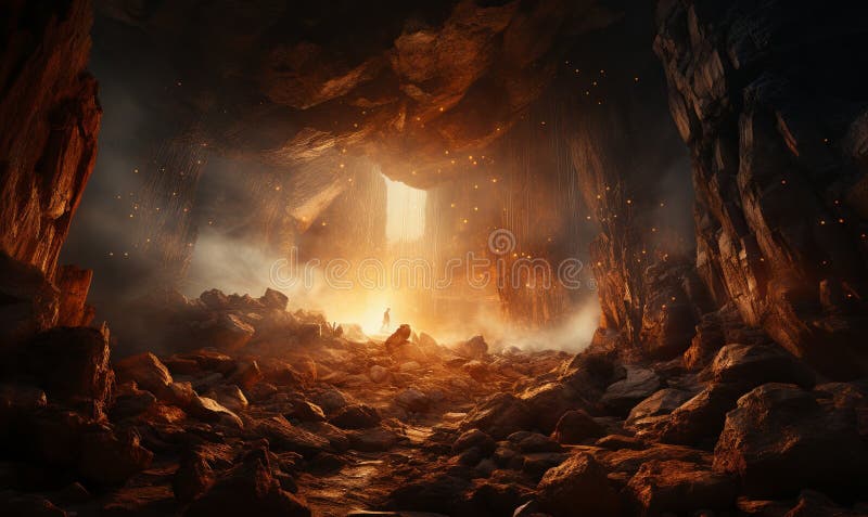 Lava-filled Cave with Rocks Stock Photo - Image of stalactites, intense ...