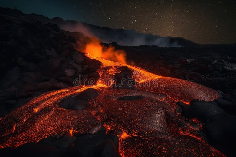 Lava Flow Cascading Down the Side of a Volcano, with Orange and Red ...