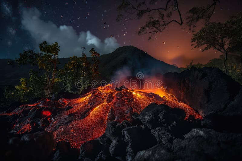 Lava Flow Cascading Down the Side of a Volcano, with Orange and Red ...