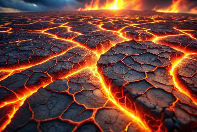 Lava Flow, Cracked Earth, Volcanic Eruption, Dramatic Sunset Background ...