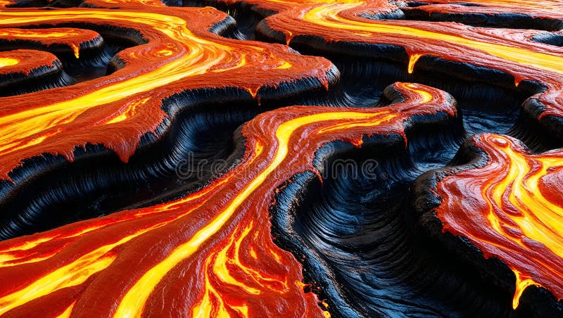 Lava Flow Creating Intricate Patterns on Volcanic Terrain in a Dramatic ...