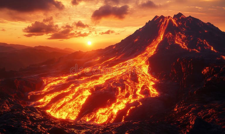 Lava Flow Erupting from Volcano at Sunset with Dramatic Sky and ...