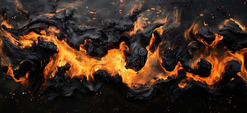 Lava Flow Eruption with Fiery Flames and Black Volcanic Rock Texture ...