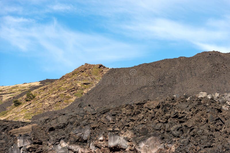Flux De Lave Durci Sur La Pente Verte De L'Etna, Sicile Image stock ...