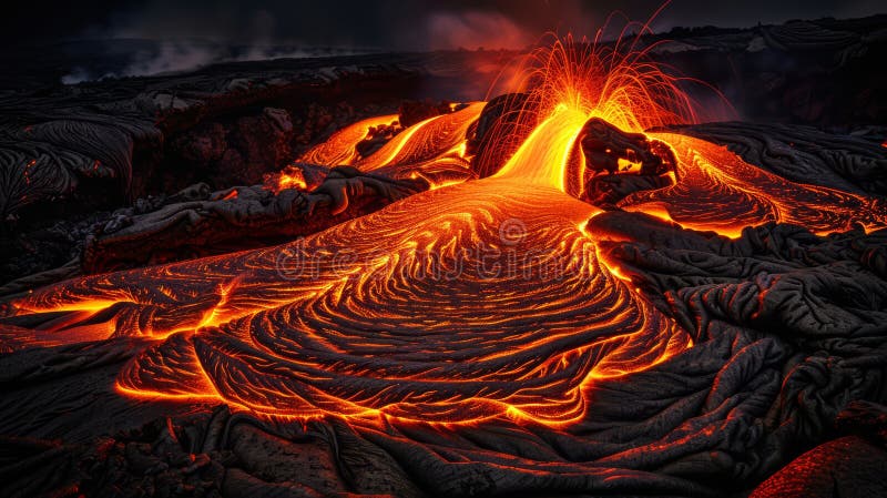 A Lava Flow is Flowing Out of a Volcano at Night, AI Stock Image ...