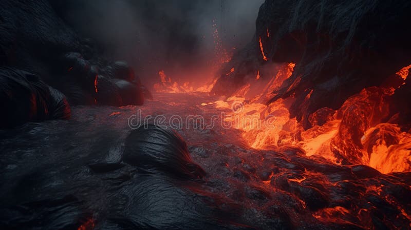A Lava Flow in the Middle of a Dark Cave with Lava Flowing Down the ...