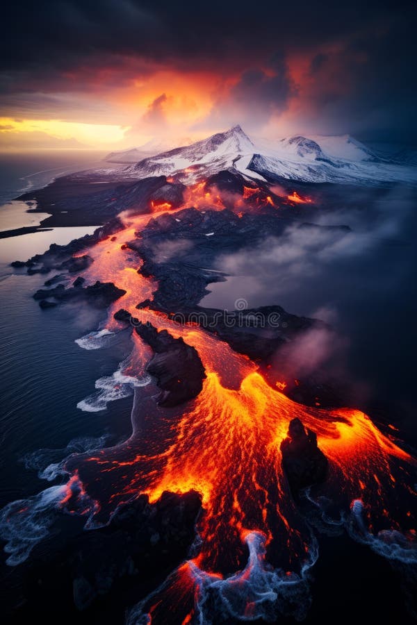 Lava Flow in the Ocean with Mountain in the Background. Generative AI ...