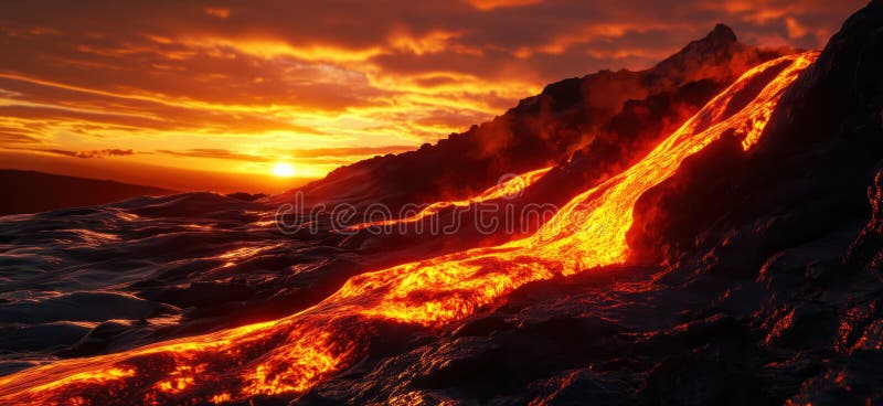 Lava Flow at Sunset Creating Dramatic Landscape with Vibrant Colors and ...