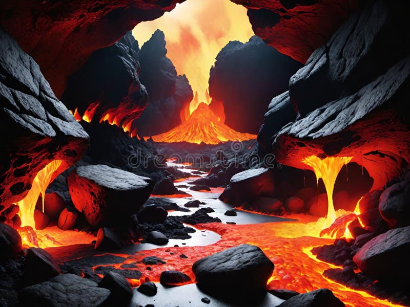 Lava Flow of a Volcano in the Dark Stock Illustration - Illustration of ...