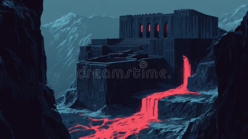Lava Flowing from Dark Castle in Pixel Art Mountains Stock Illustration ...