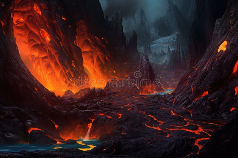 Lava Flowing Down a Volcanic Slope at Night Stock Illustration ...