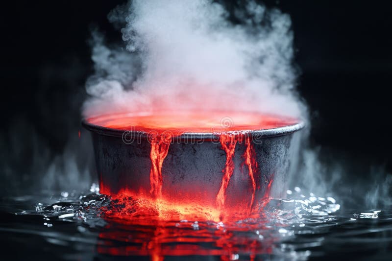 Lava Flowing from a Pot Surrounded by Steam and Dark Backdrop at Night ...