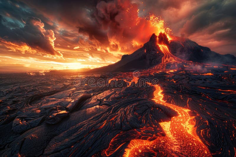 Lava Flowing from a Volcano into the Ocean at Sunset Stock Image ...