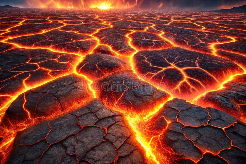 Lava Flows Across Cracked Earth, Fiery Sunrise Backdrop Stock ...