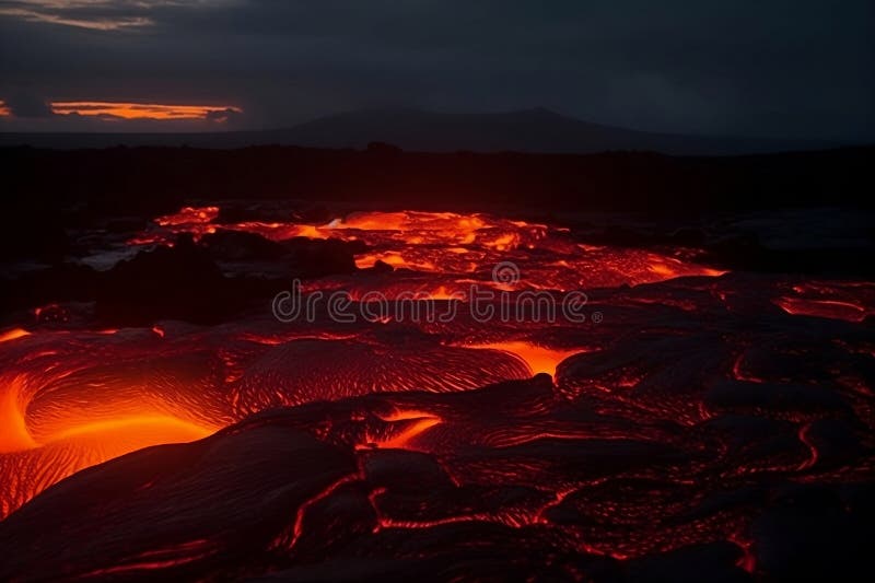 Lava Flows Across the Ground. Generative AI. Stock Illustration ...