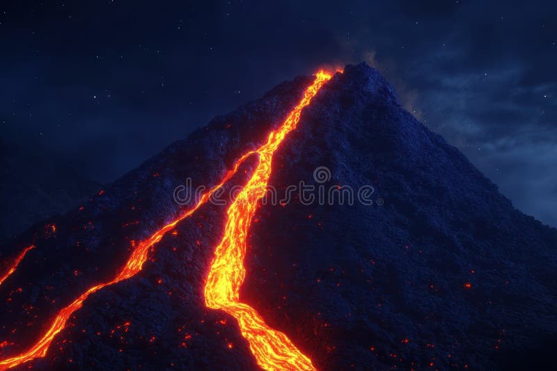 Lava Flows Down the Side of an Active Volcano Under a Starry Night Sky ...