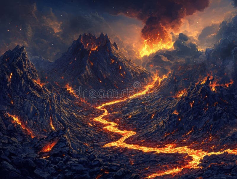 Lava Flows Down Volcanic Mountain Landscape Stock Illustration ...